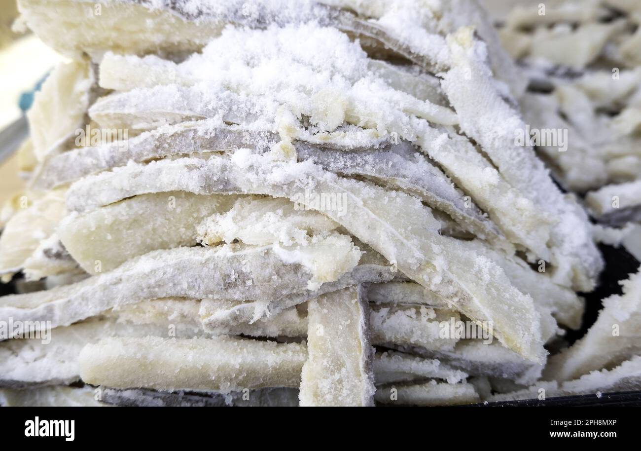Detail of dried fish with salt in a market, healthy food Stock Photo ...