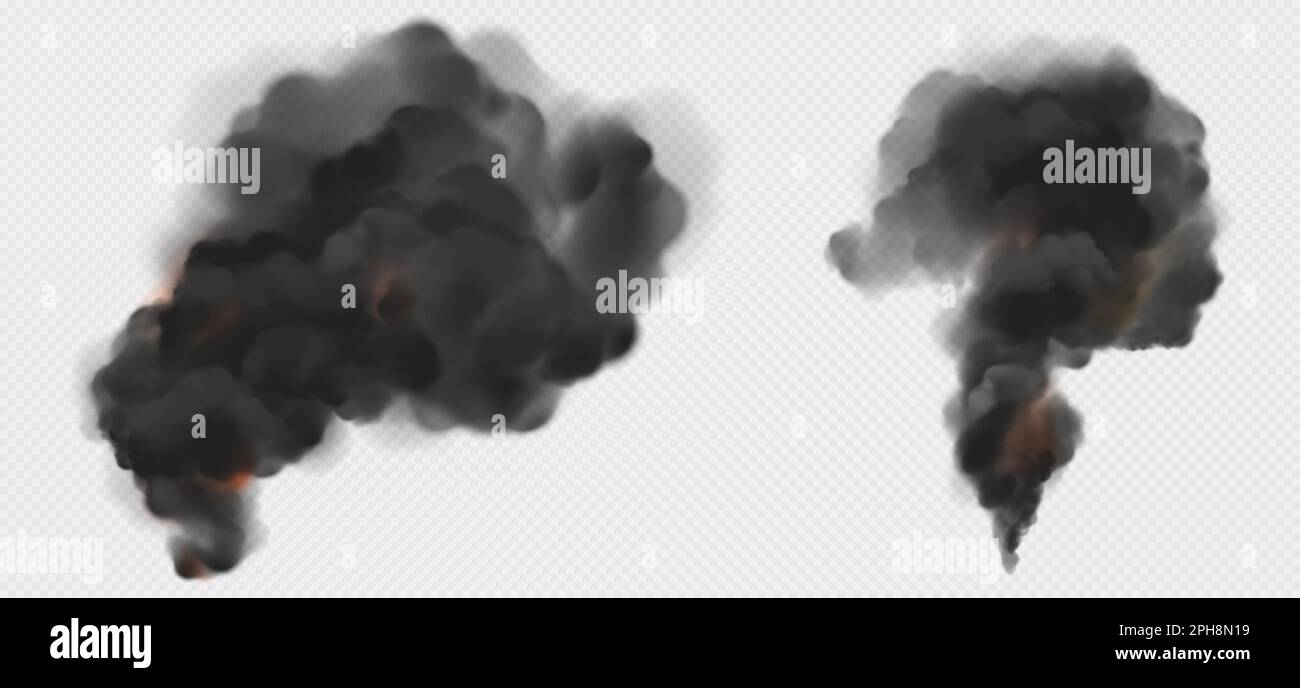 Black smoke or steam trails set, factory or plant industrial smog ...