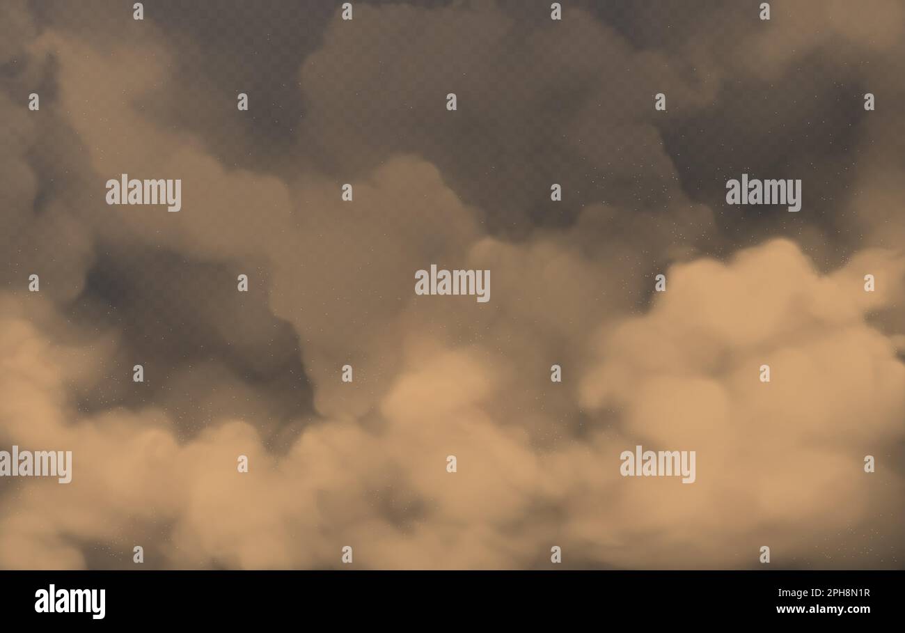 Brown dust clouds of flying sand and soil. Grunge texture of dirty smog ...
