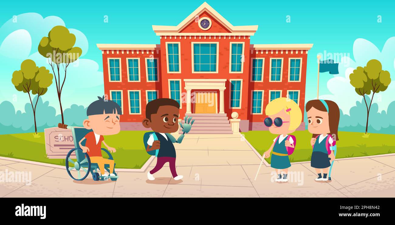 Disabled kids at school yard greeting each other and communicate ...