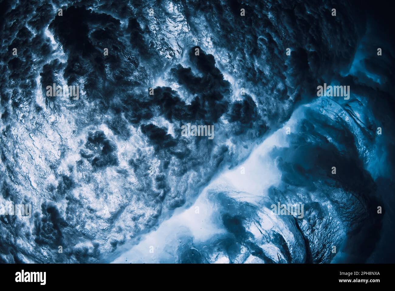 Wave textures with vortex underwater in transparent sea water. Swell in ...