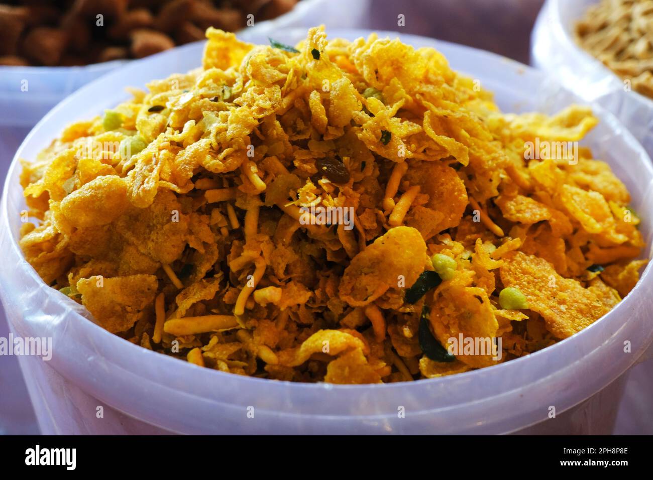 Farsan, snacks in bowls for sale in Indian Market, Traditional Indian ...