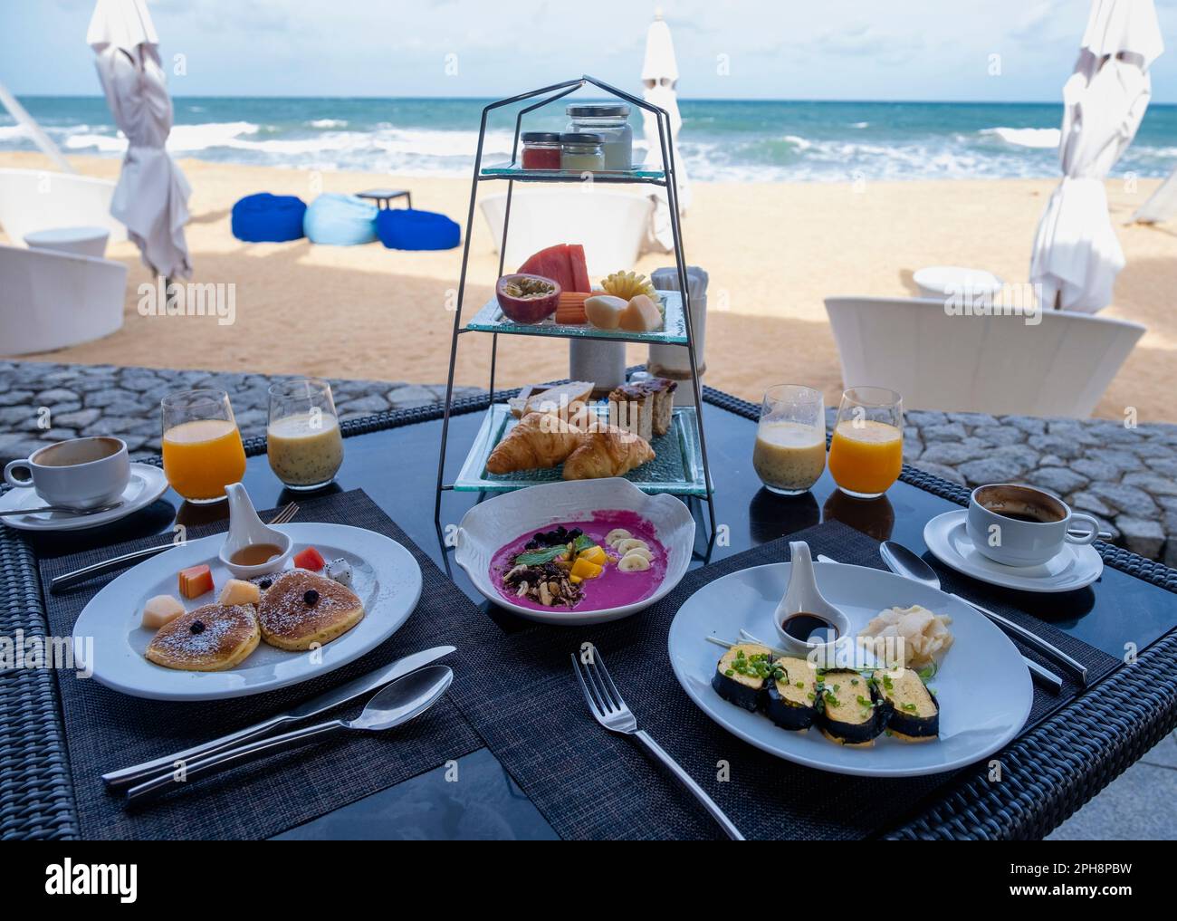 Japanese style omelet and pancakes Breakfast on the beach in Phuket ...