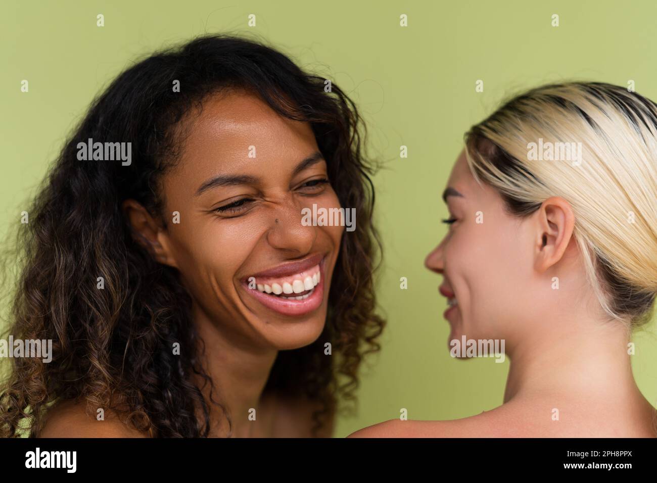 Woman close beauty portrait mixed race black skin and white skin, two ...