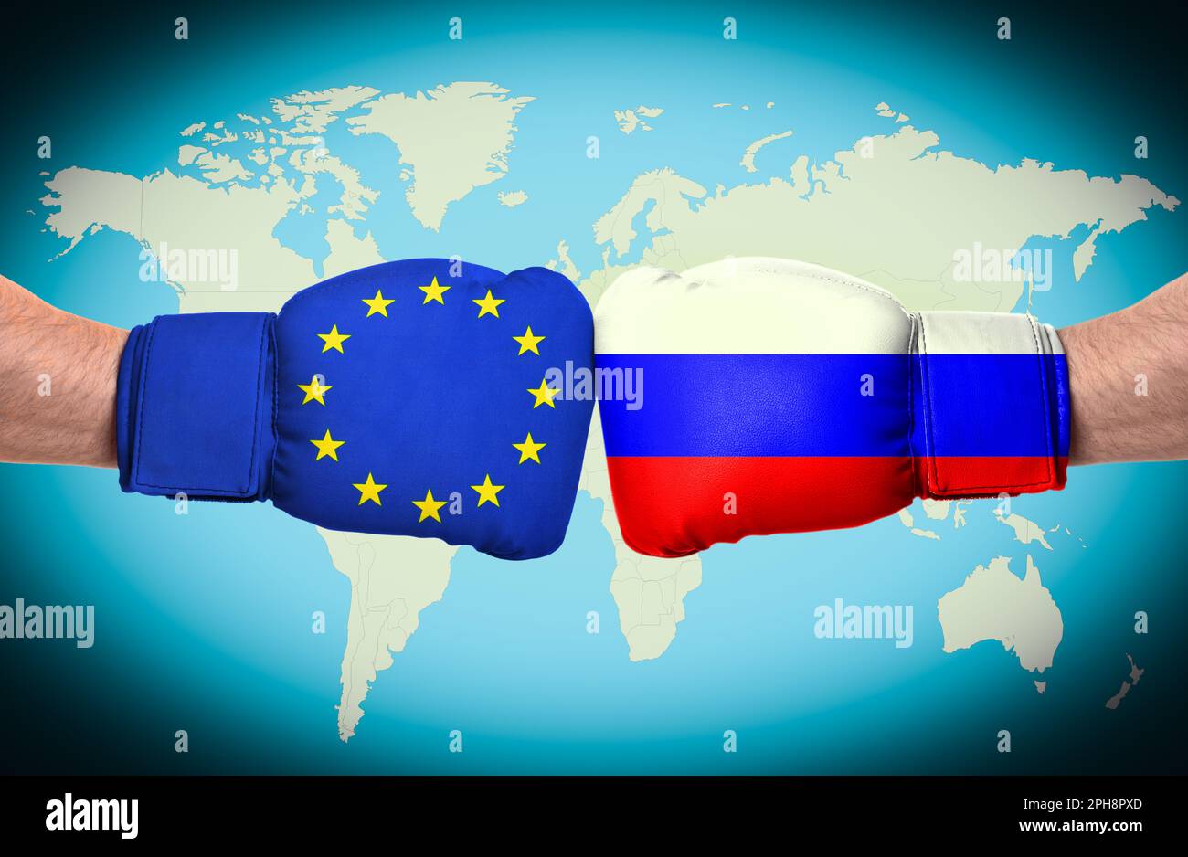 Men in boxing gloves with European union and Russian flags fighting ...