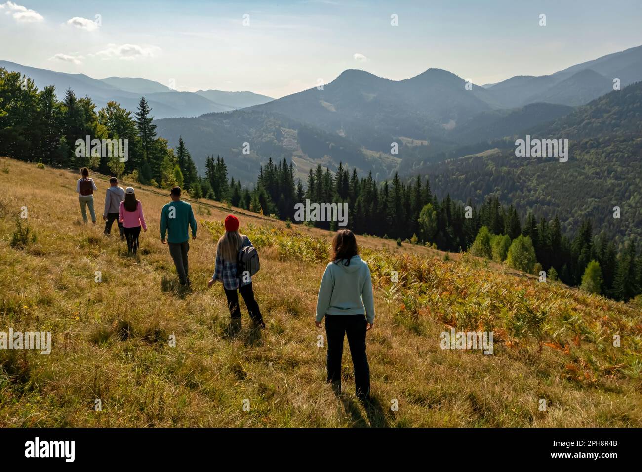Group of tourists walking on hill in mountains, back view Stock Photo ...