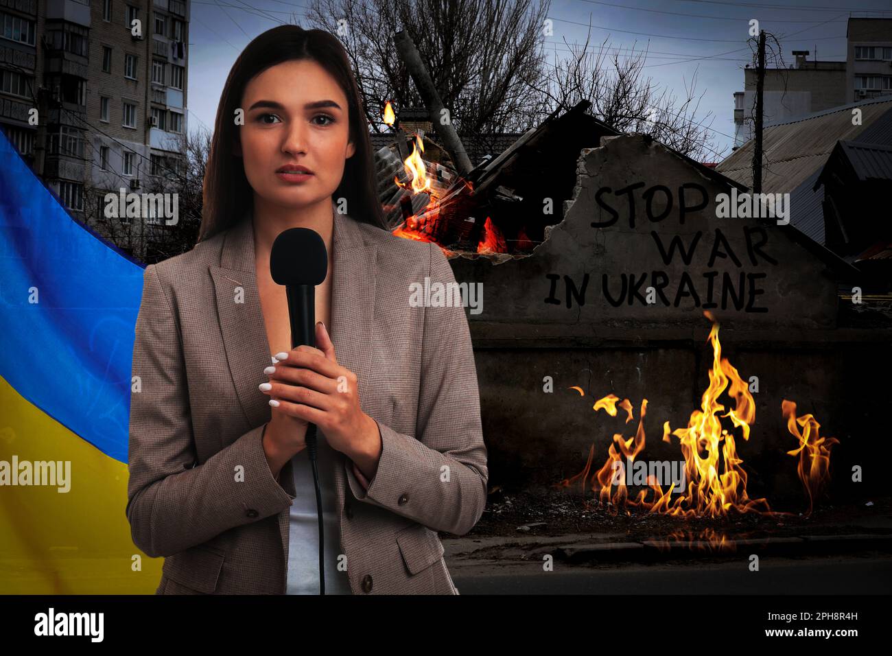 Stop war in Ukraine. Journalist with Ukrainian flag near destroyed ...