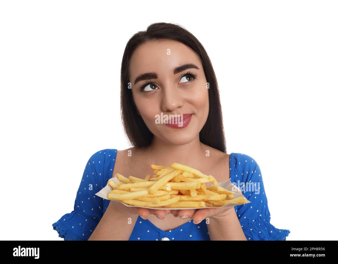 Beautiful young woman with French fries on white background Stock Photo ...