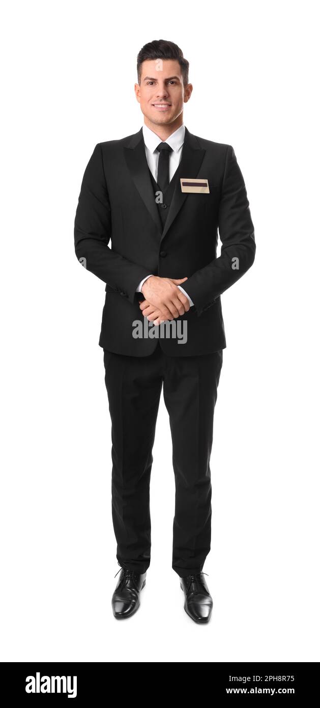 Full length portrait of happy receptionist in uniform on white ...