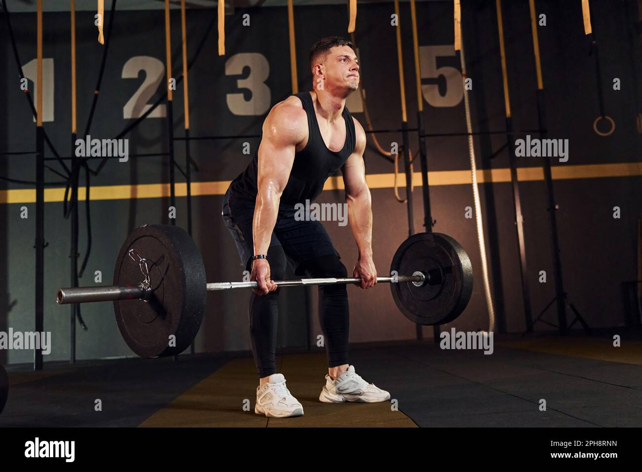 Strong man in sportive clothes lifting barbell in the gym Stock Photo ...