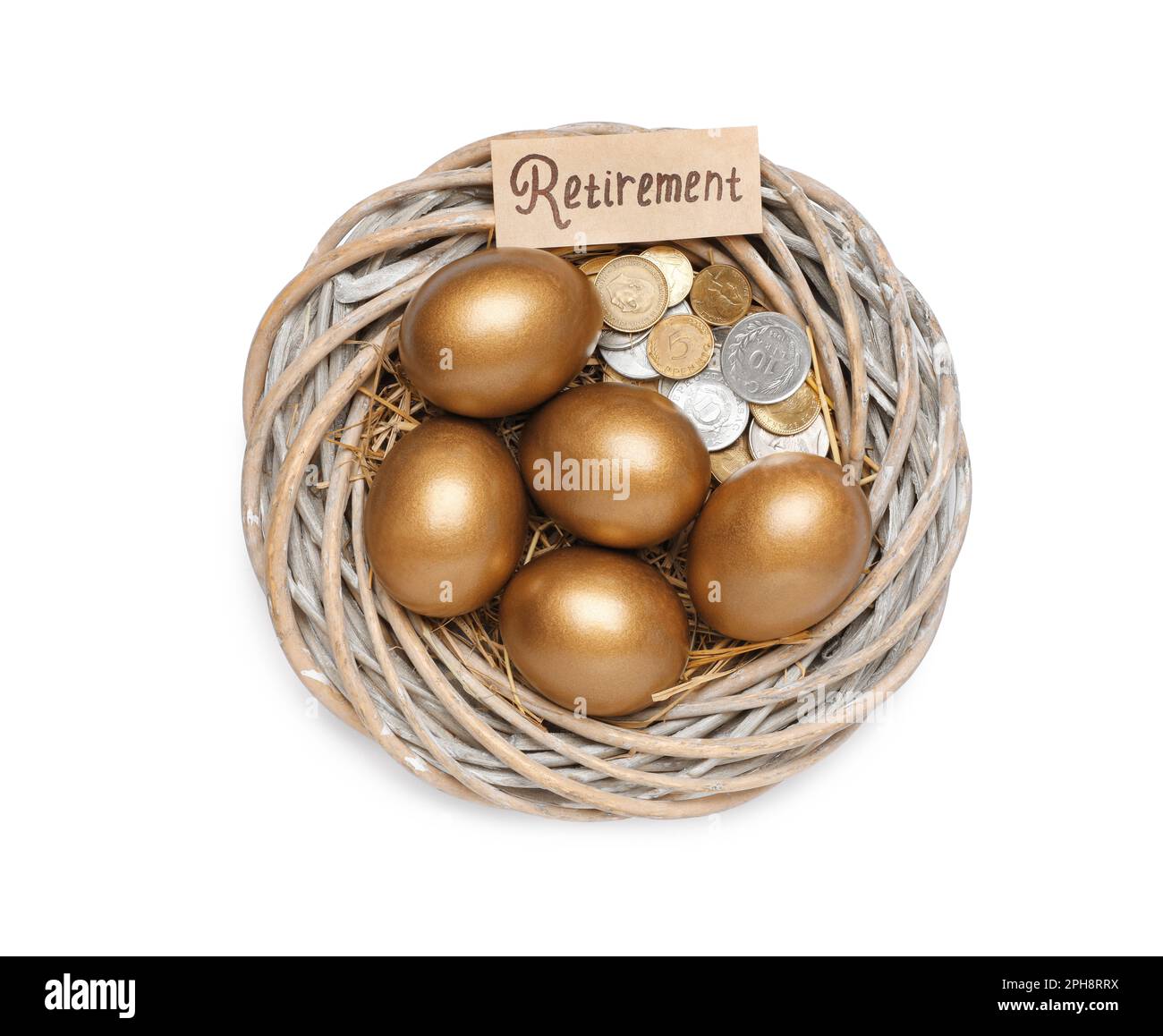 Golden eggs, coins and card with word Retirement in nest on white ...