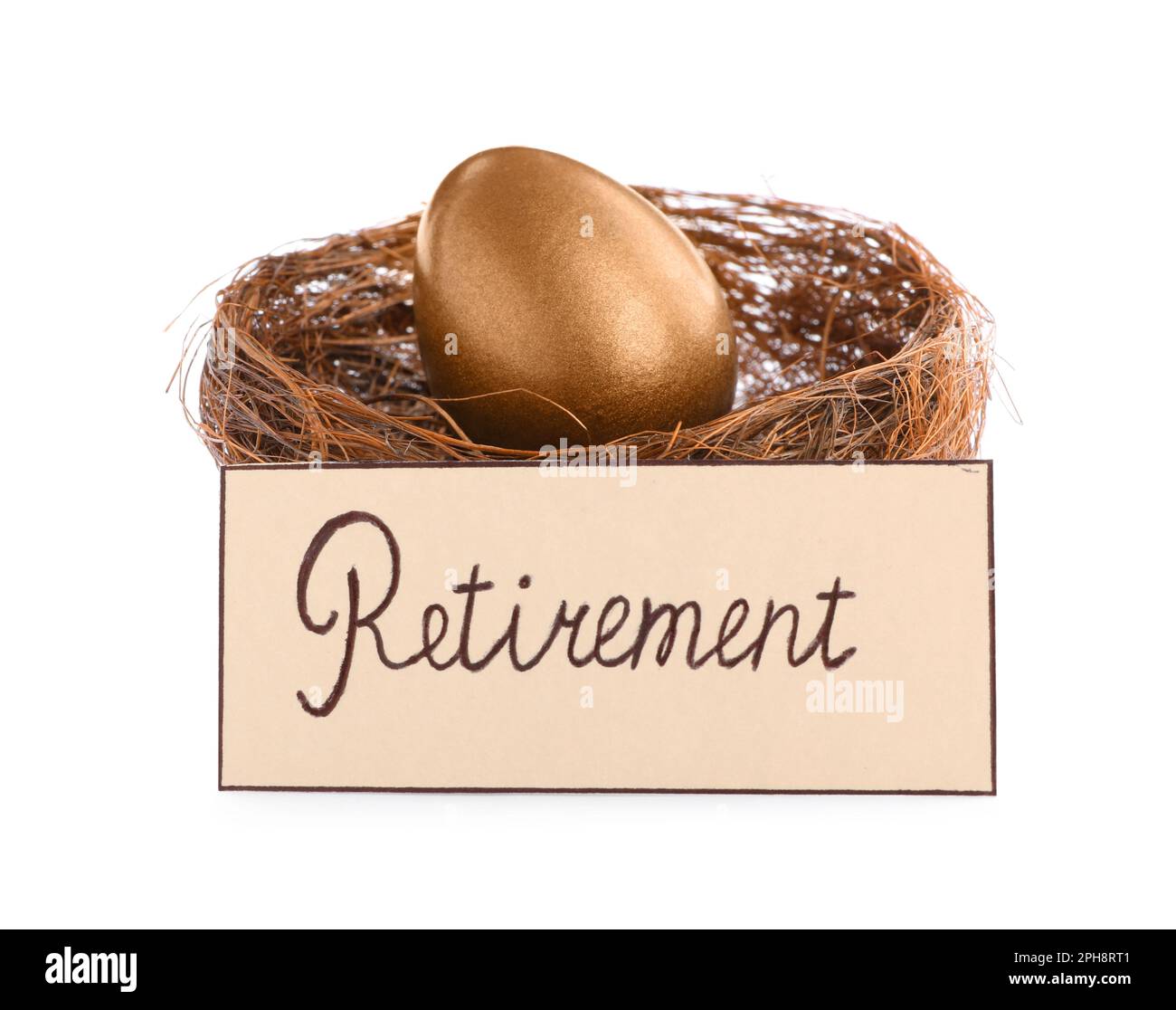 One golden egg in nest and card with word Retirement on white ...