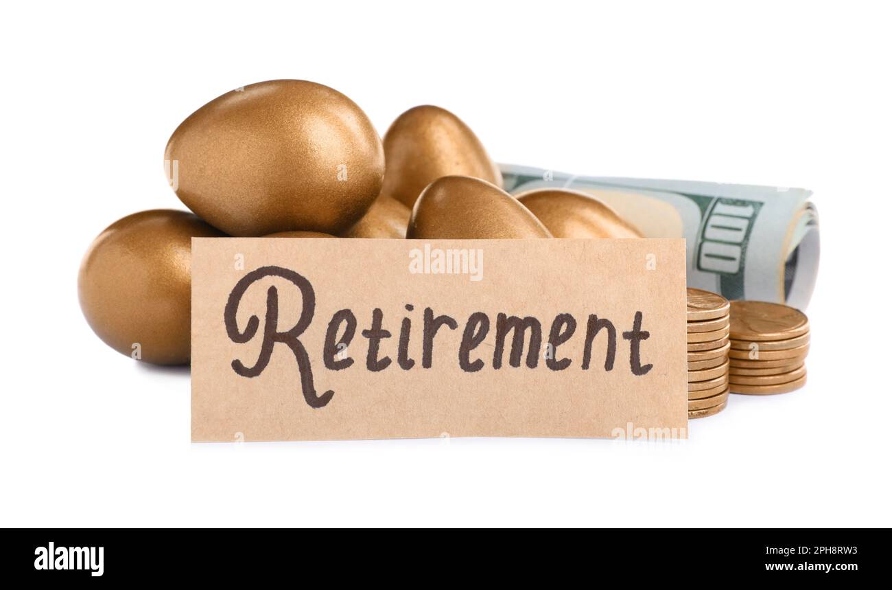 Many golden eggs, money and card with word Retirement on white ...