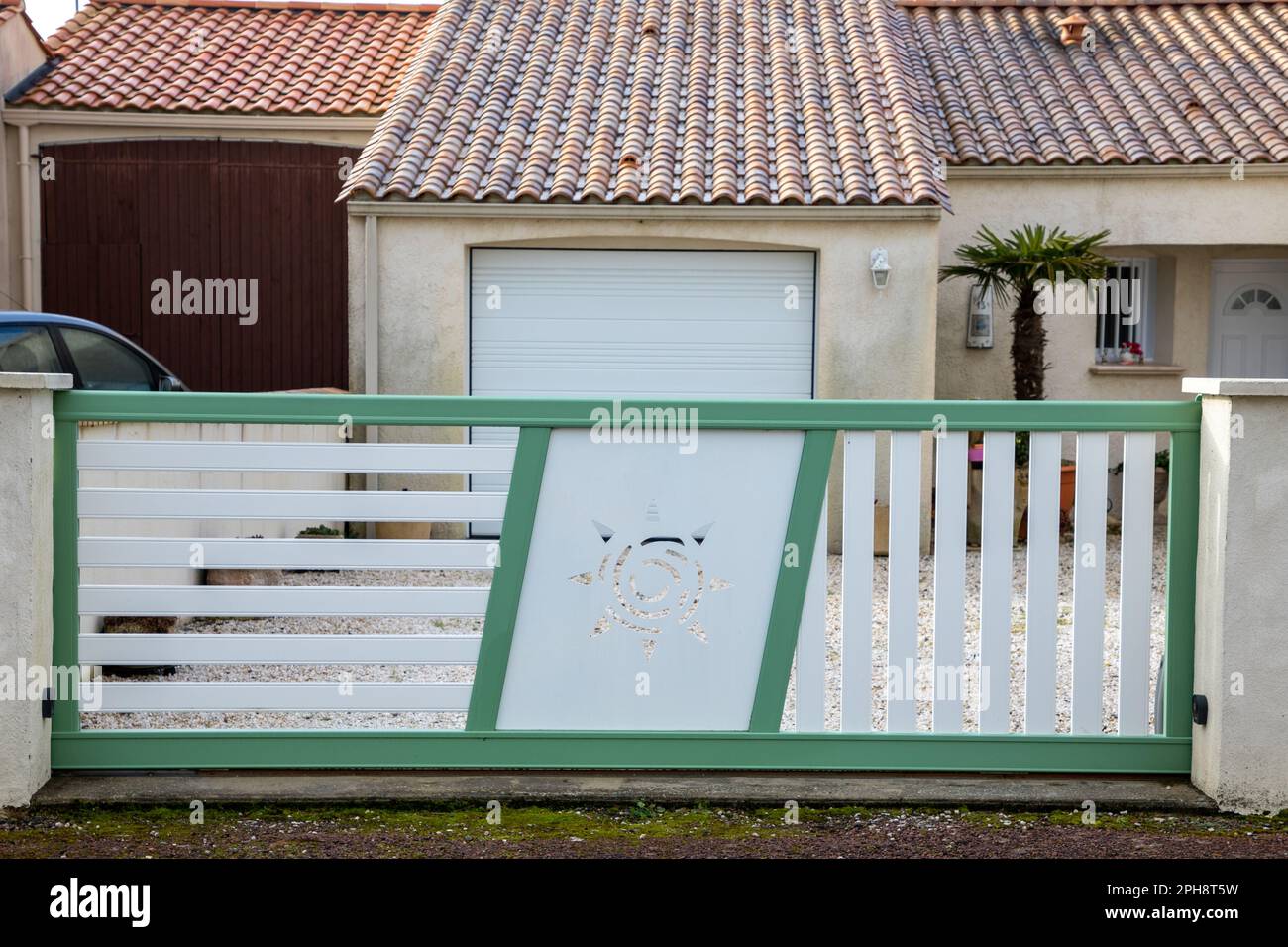 plank gate design suburb green white modern house portal with slats ...