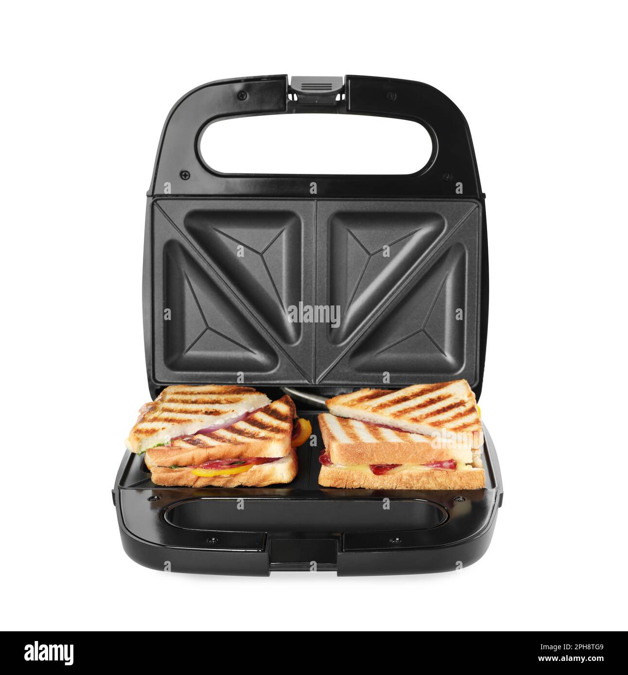 Modern grill maker with sandwiches on white background Stock Photo - Alamy