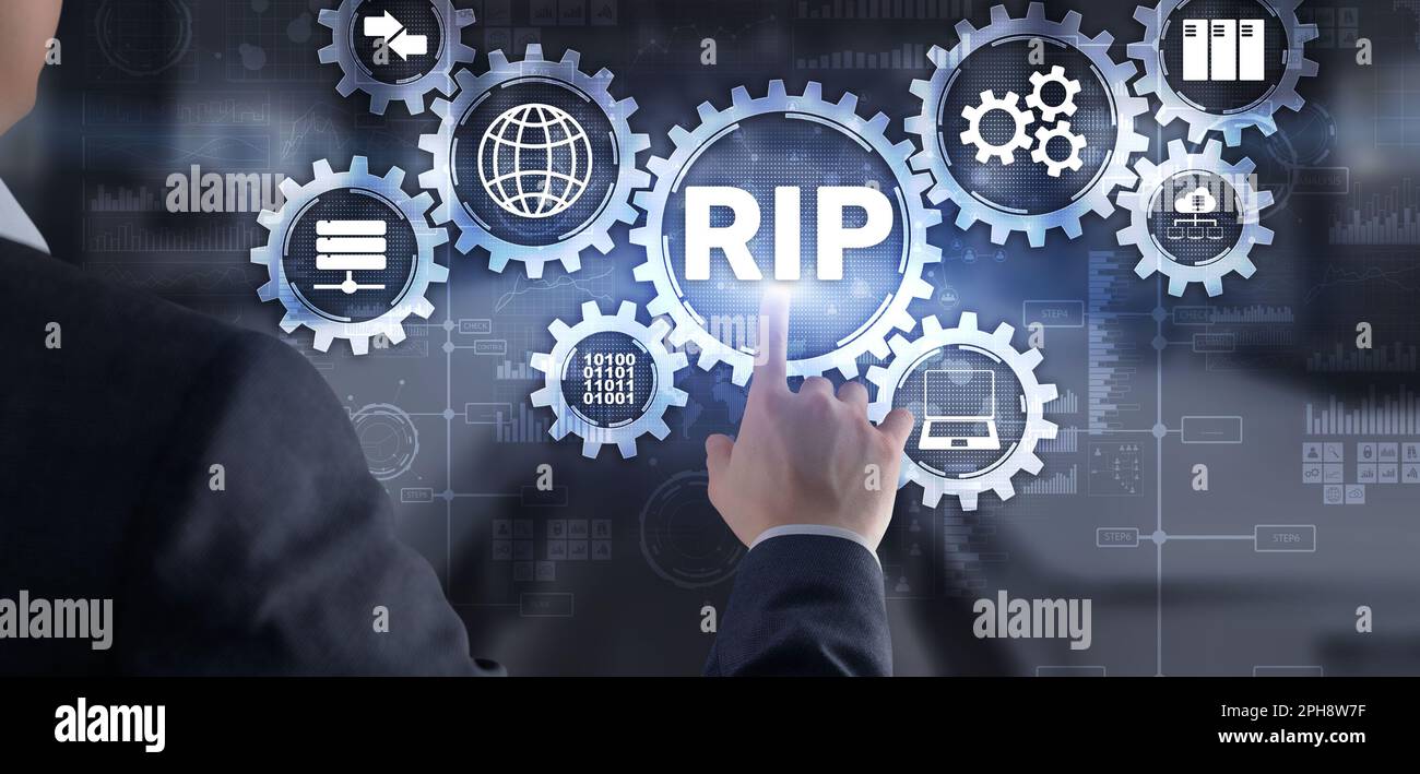 RIP. Businessman pressing virtual screen Routing Information Protocol ...