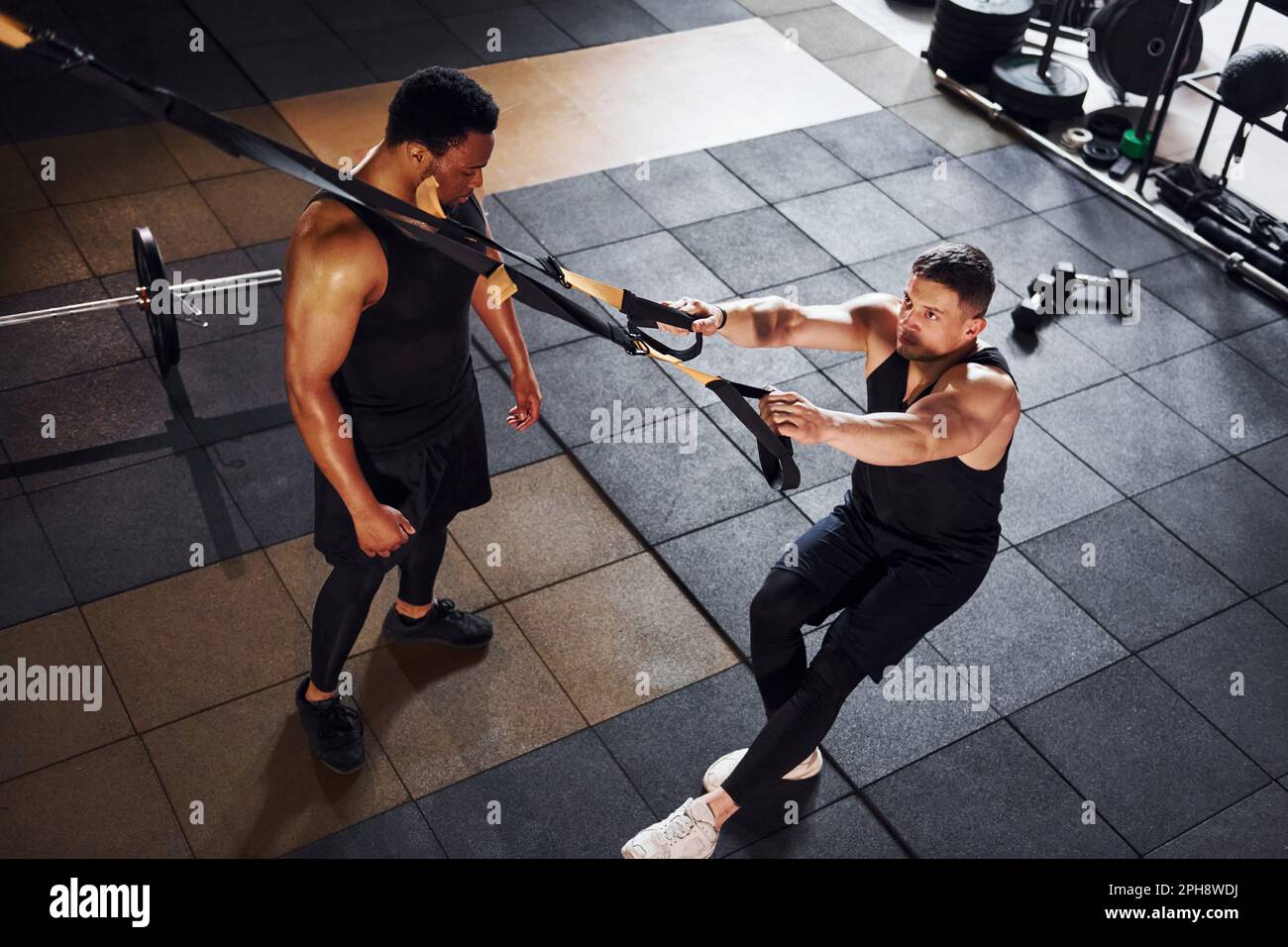 Personal trainer is on job. African american man with white guy have ...