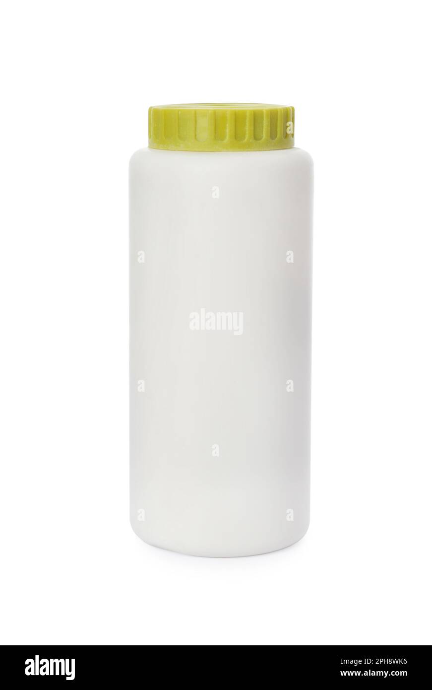 Bottle of dusting powder isolated on white, space for design. Baby ...
