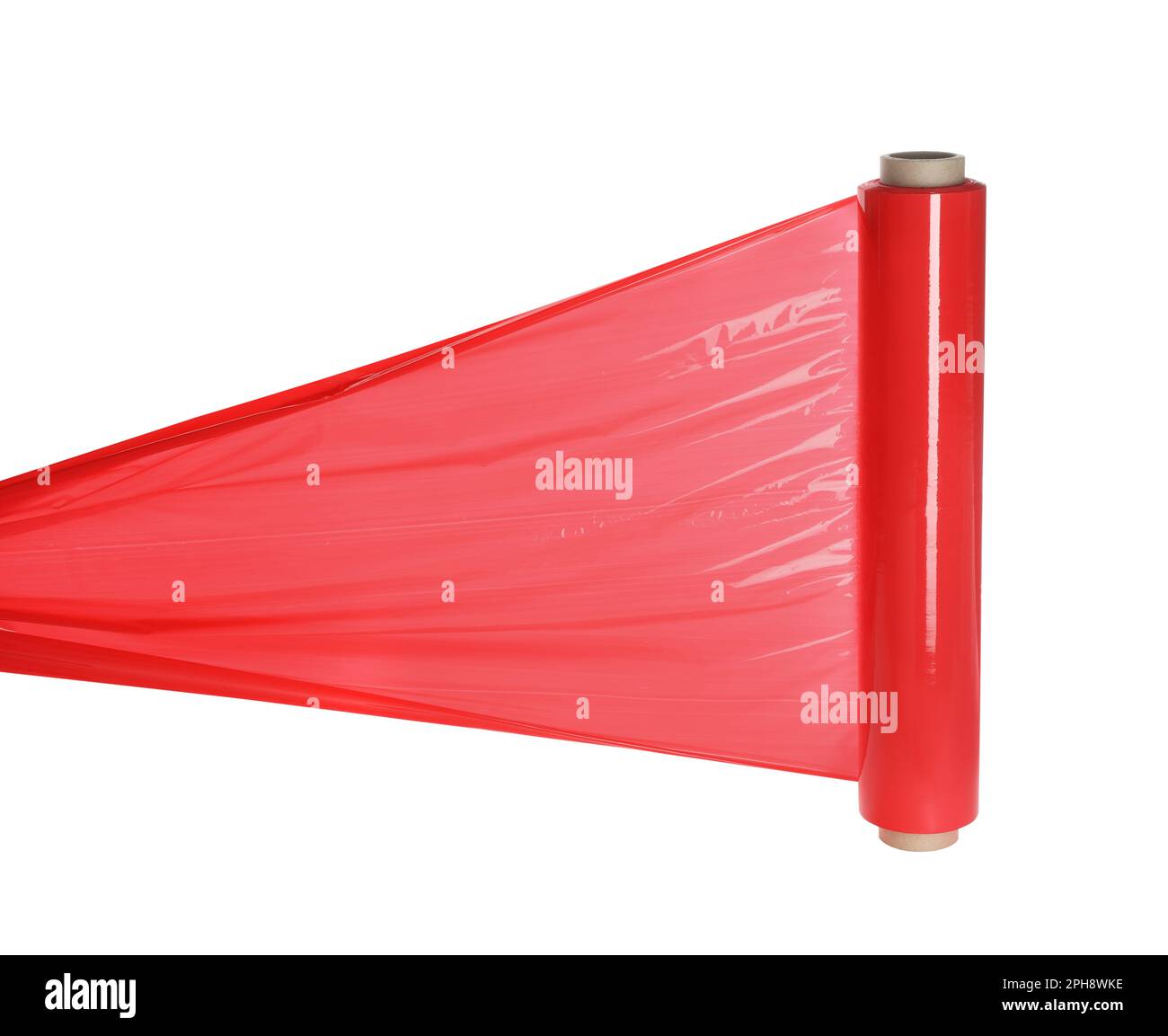 Roll of red plastic stretch wrap on white background Stock Photo - Alamy