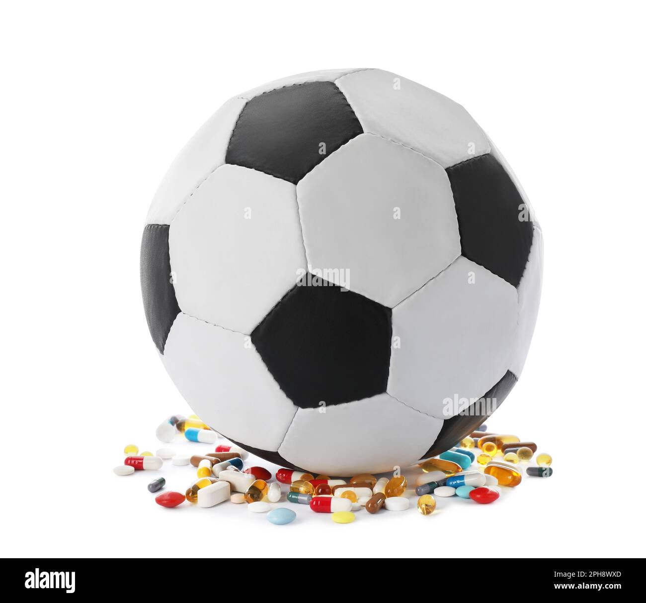 Soccer ball and many different pills on white background. Doping ...