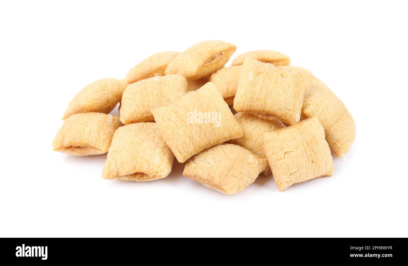 Pile of tasty corn pads on white background, closeup. Healthy breakfast ...