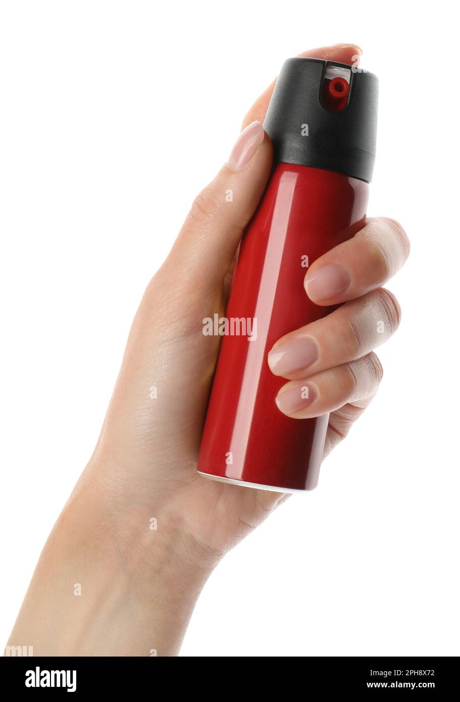 Woman with bottle of gas pepper spray on white background Stock Photo ...