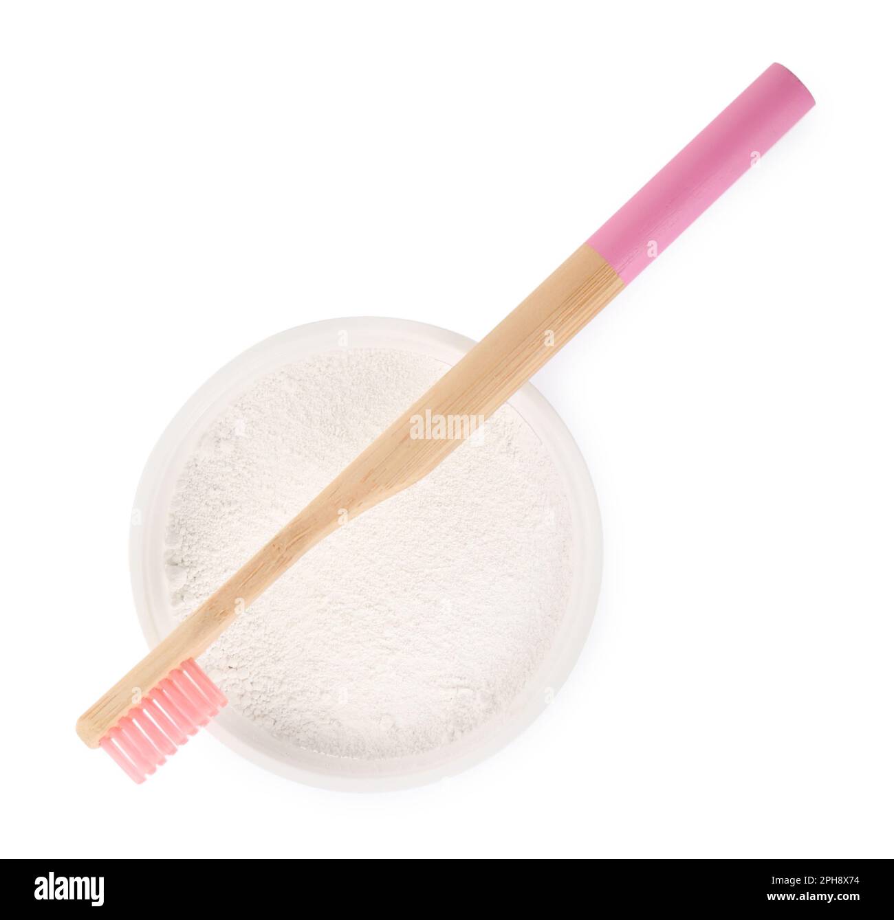 Bowl of tooth powder and brush on white background, top view Stock ...