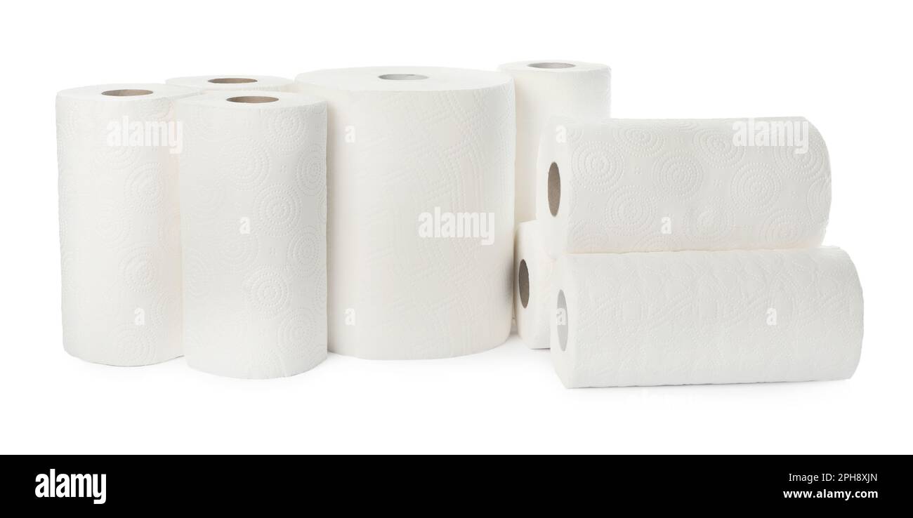 Rolls of paper towels isolated on white Stock Photo - Alamy