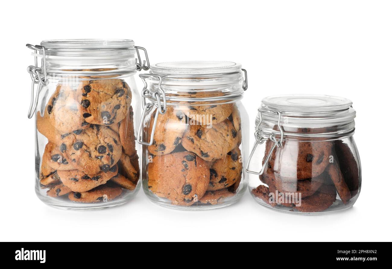 Jars of chocolate chip cookies on white background Stock Photo - Alamy