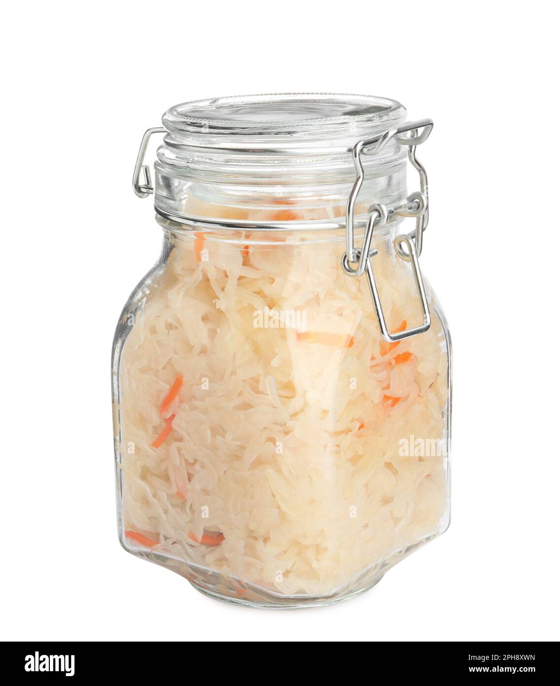 Glass jar of tasty fermented cabbage with carrot on white background ...