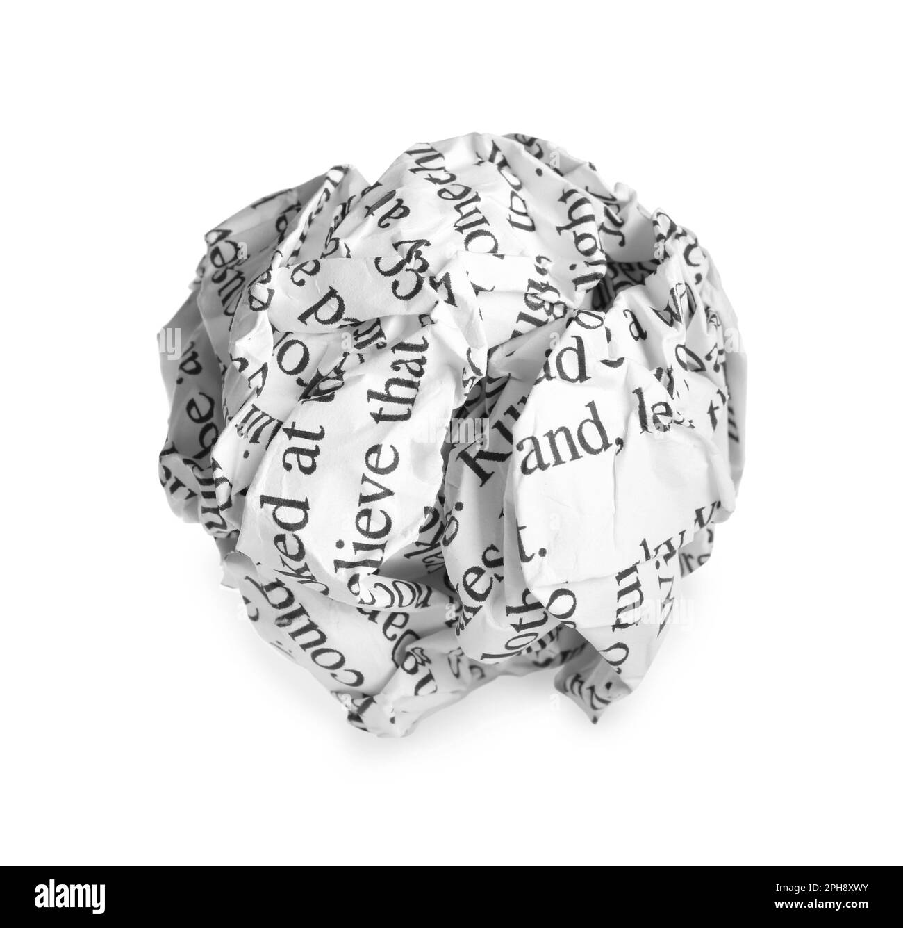 Crumpled sheet of paper with printed text isolated on white Stock Photo ...