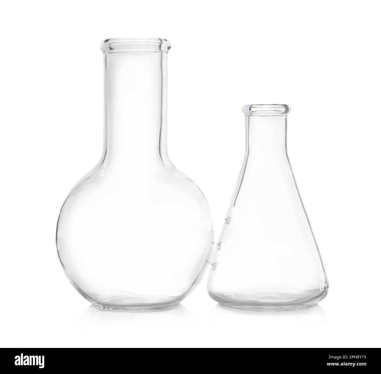 Empty flasks on white background. Laboratory equipment Stock Photo - Alamy