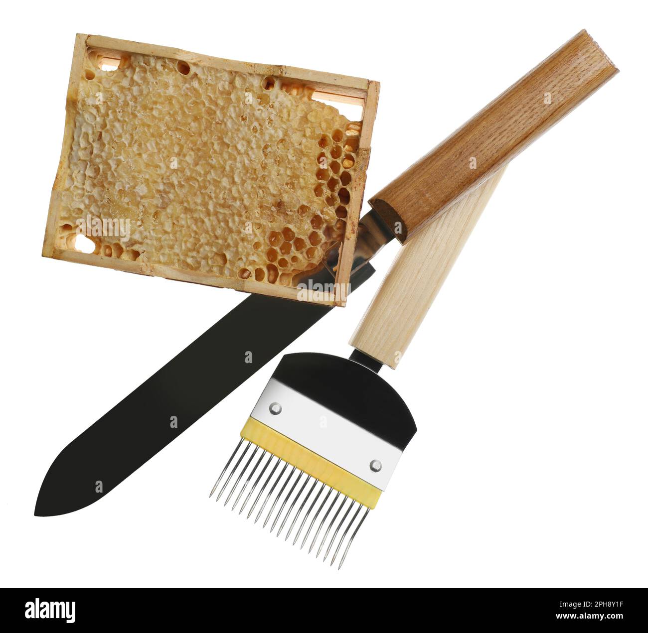 Beekeeping tools and hive frame with honeycomb on white background, top ...