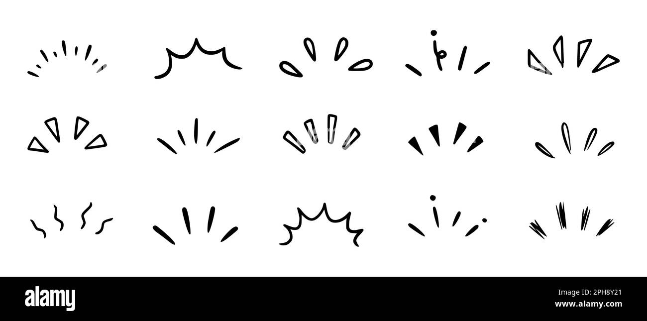 Doodle shine sunburst sparkle ray elements. Hand drawn pop surprise ...