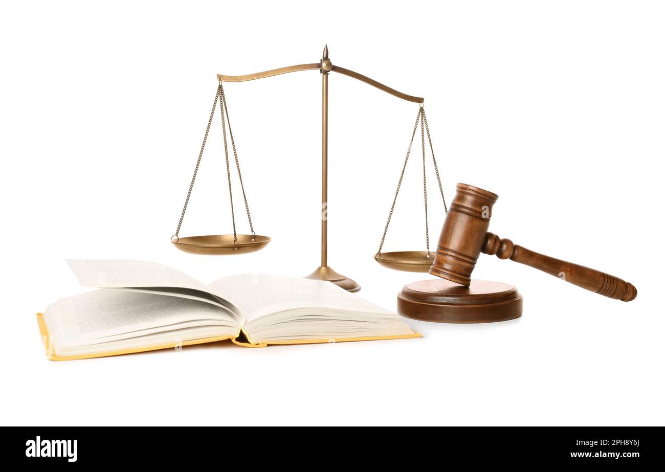 Wooden gavel, book and scales of justice on white background Stock ...