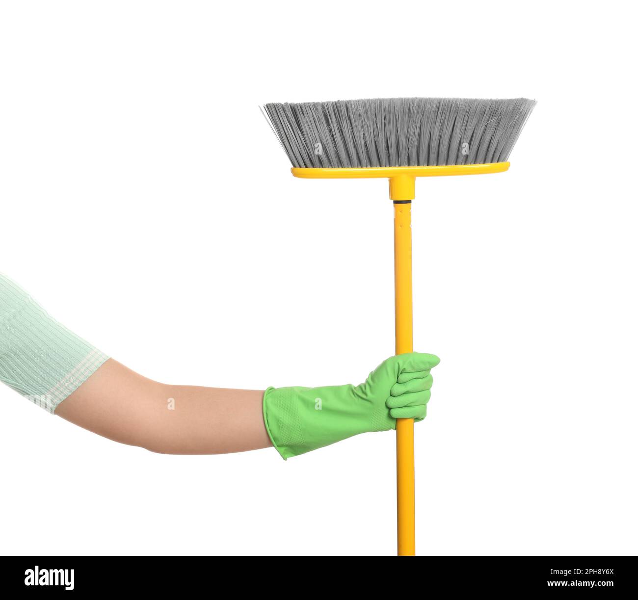 Woman holding broom on white background, closeup Stock Photo - Alamy