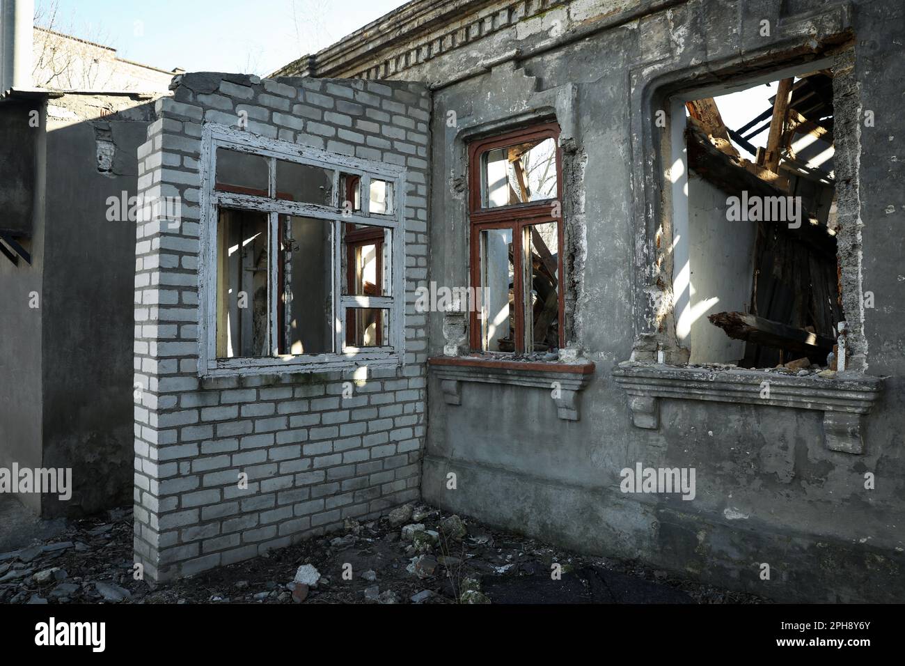 Ruined house with broken windows after strong earthquake Stock Photo ...