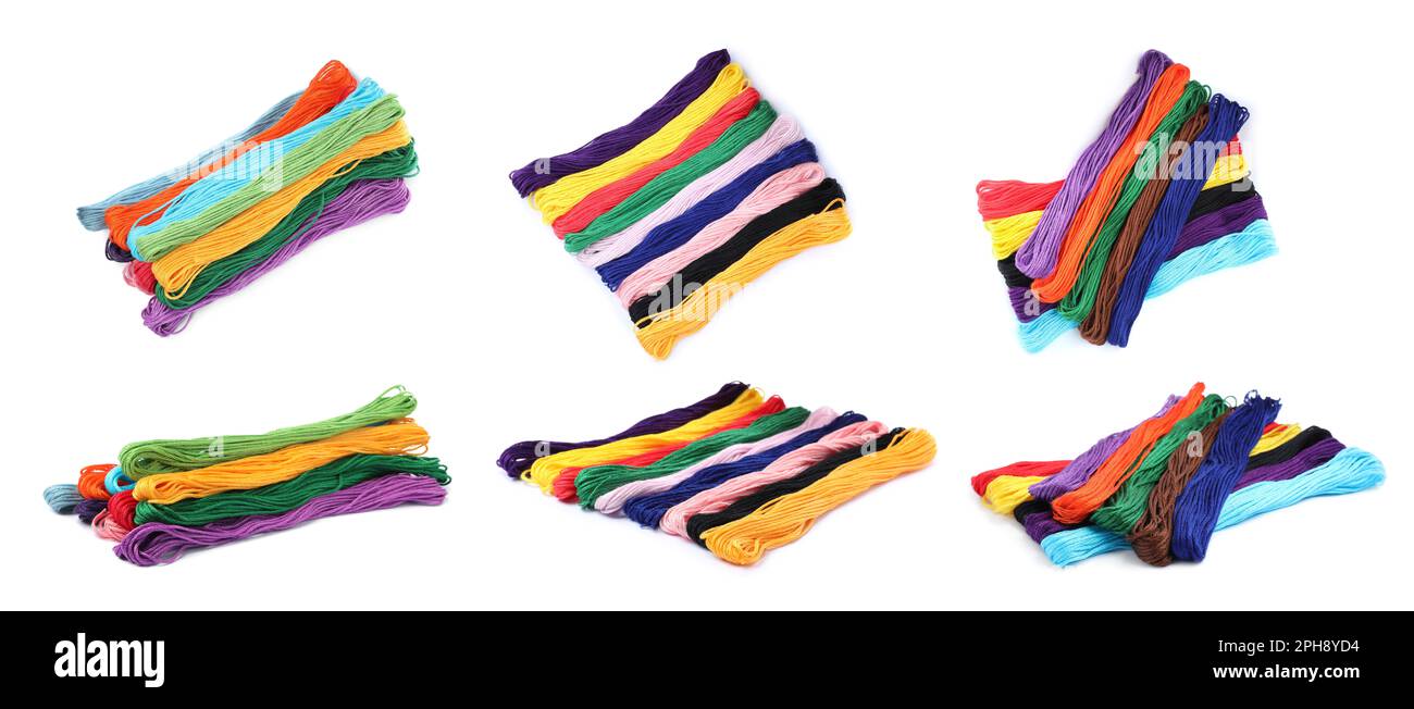 Set with multicolor embroidery threads on white background. Banner ...