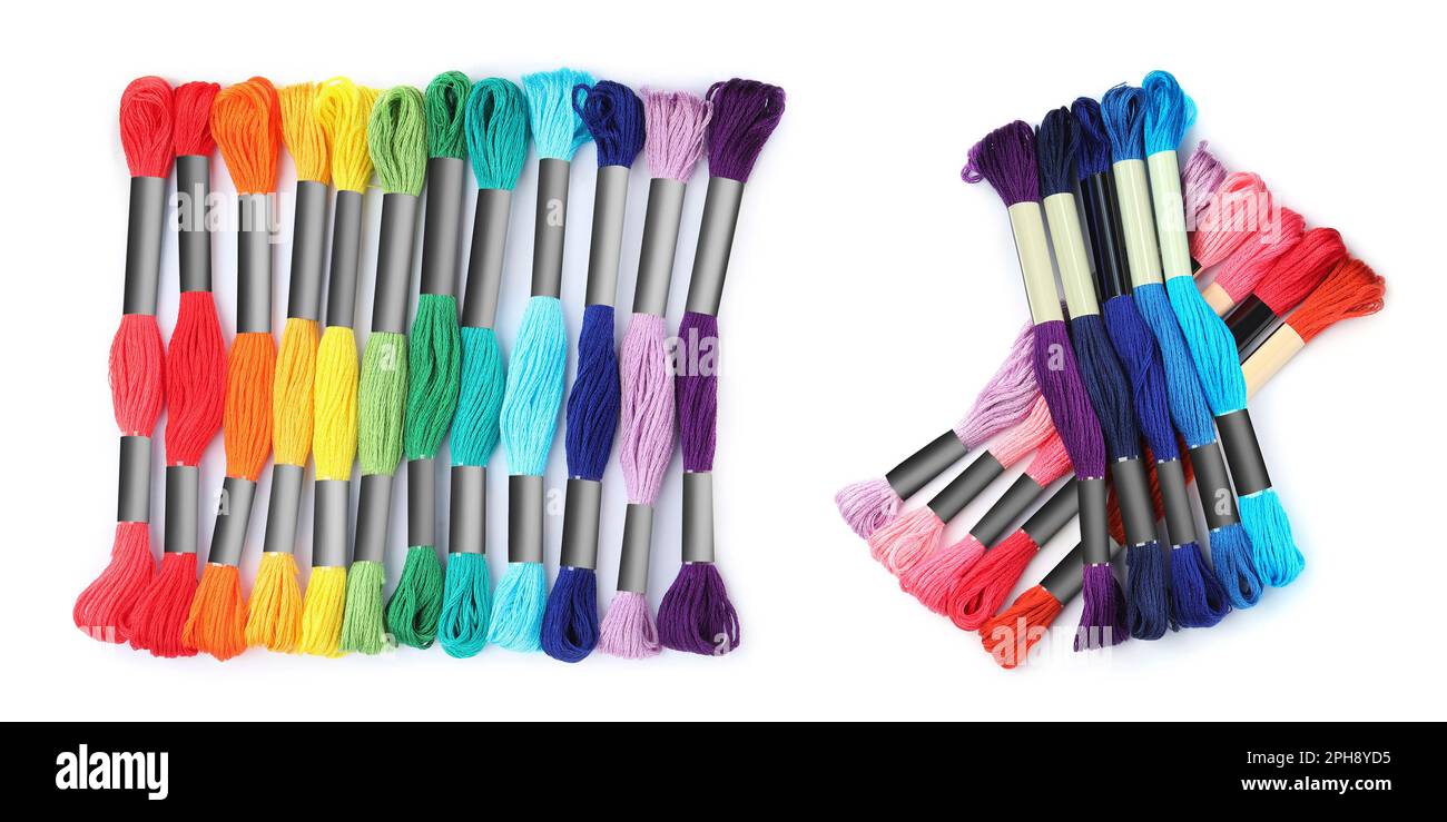 Set with multicolor embroidery threads on white background, top view ...