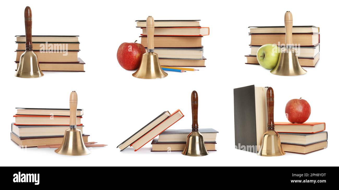 Set with school bells and books on white background. Banner design ...