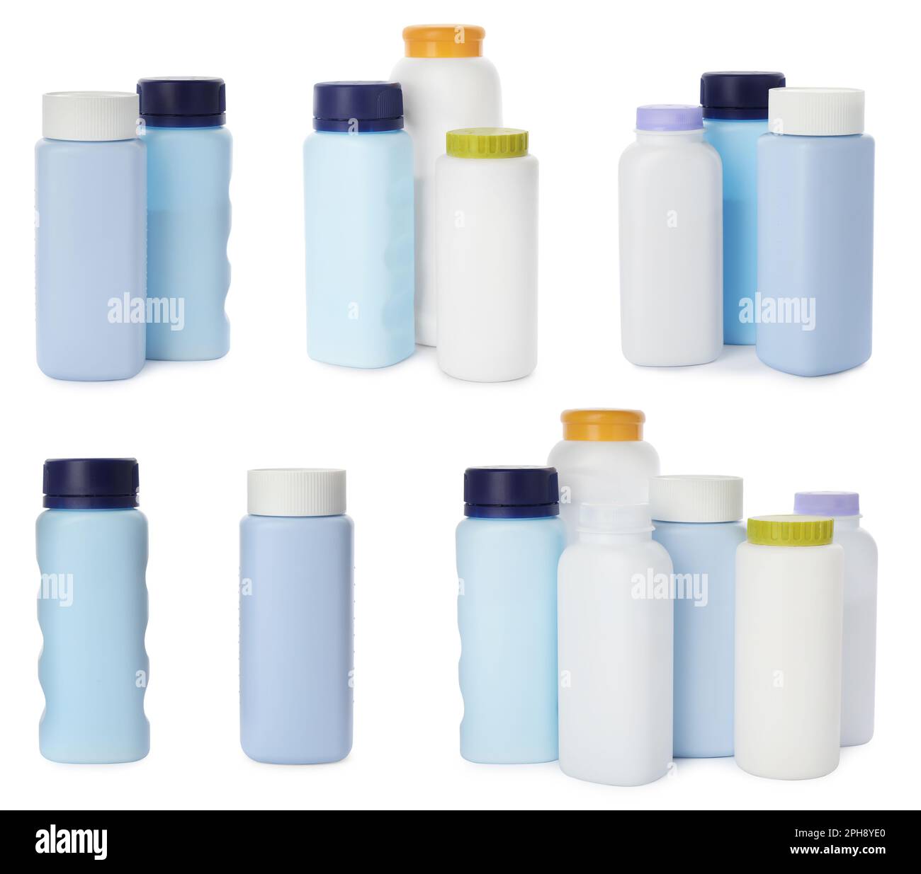 Set of baby powder bottles on white background Stock Photo - Alamy