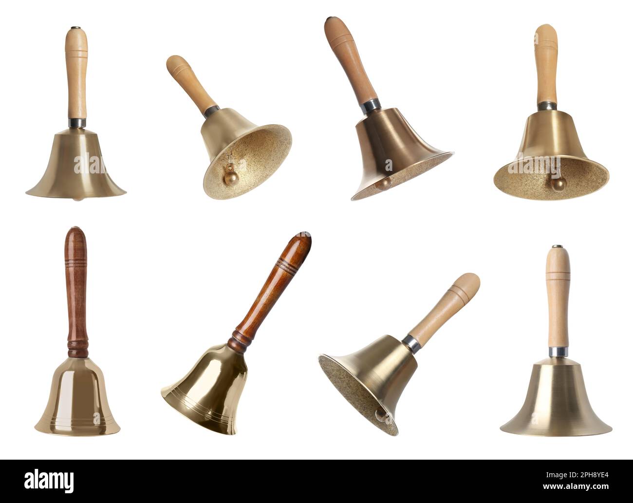 Set with school bells with wooden handle isolated on white Stock Photo ...