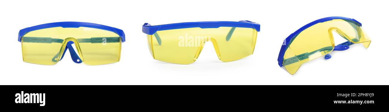 Set with protective goggles on white background, banner design. Safety ...