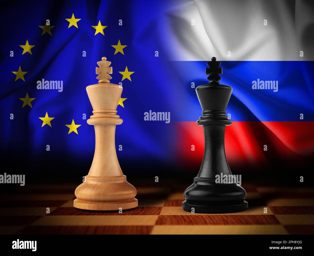 Kings on chessboard with European union and Russian flags on background ...