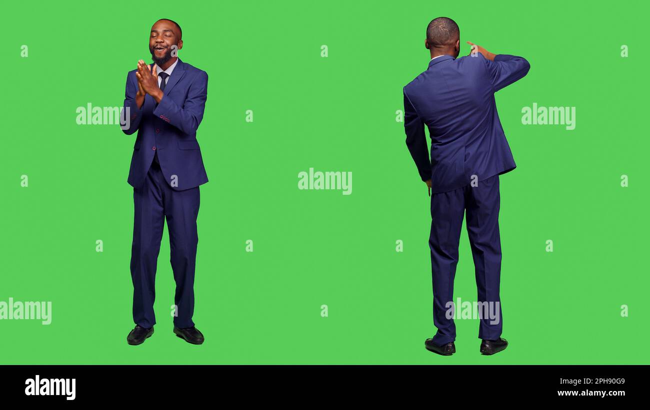 Cheerful startup worker applauding in studio, clapping hands and saying ...