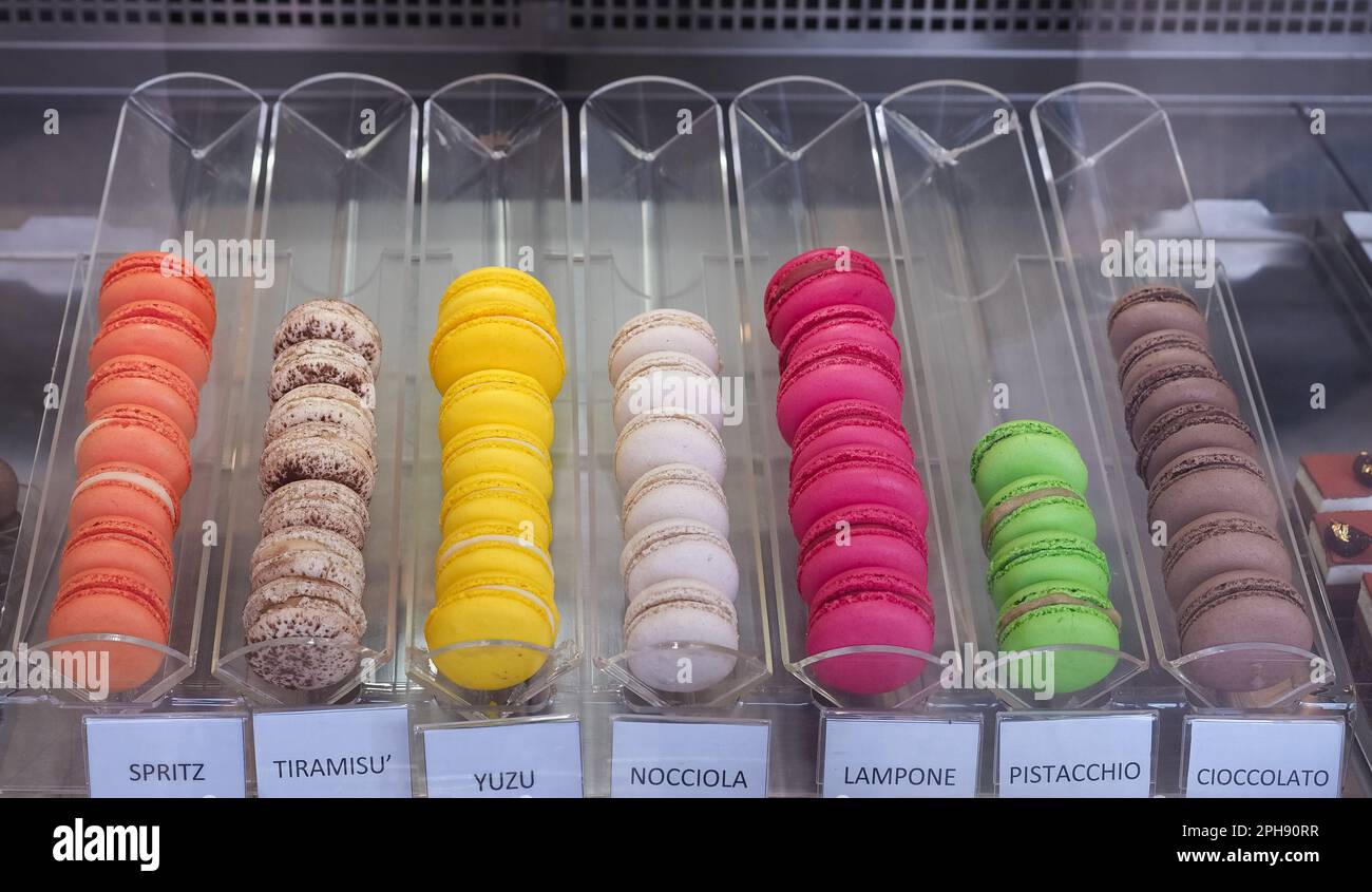 Macarons sweet meringue flavoured left to right: spritz tiramisu yuzu ...