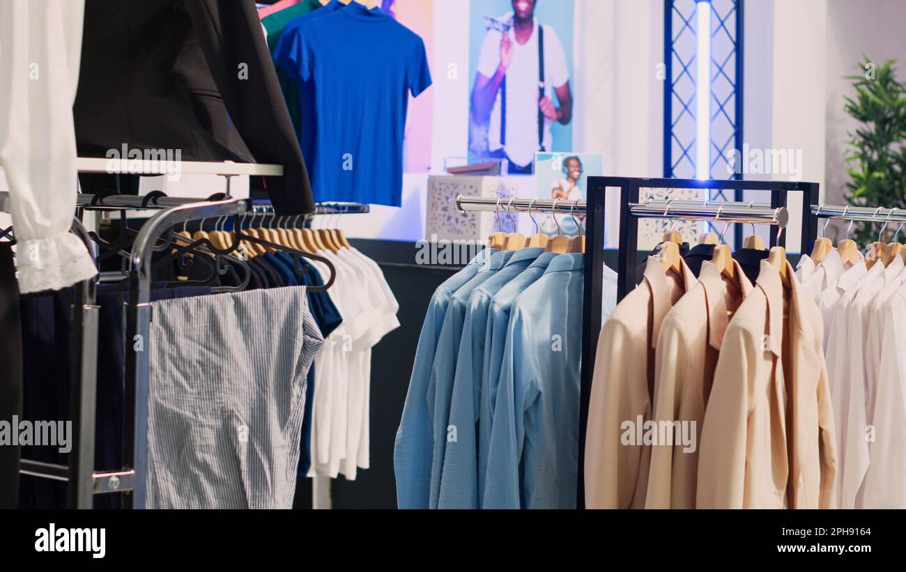 Clothing showroom with casual and formal clothes, retail store with ...