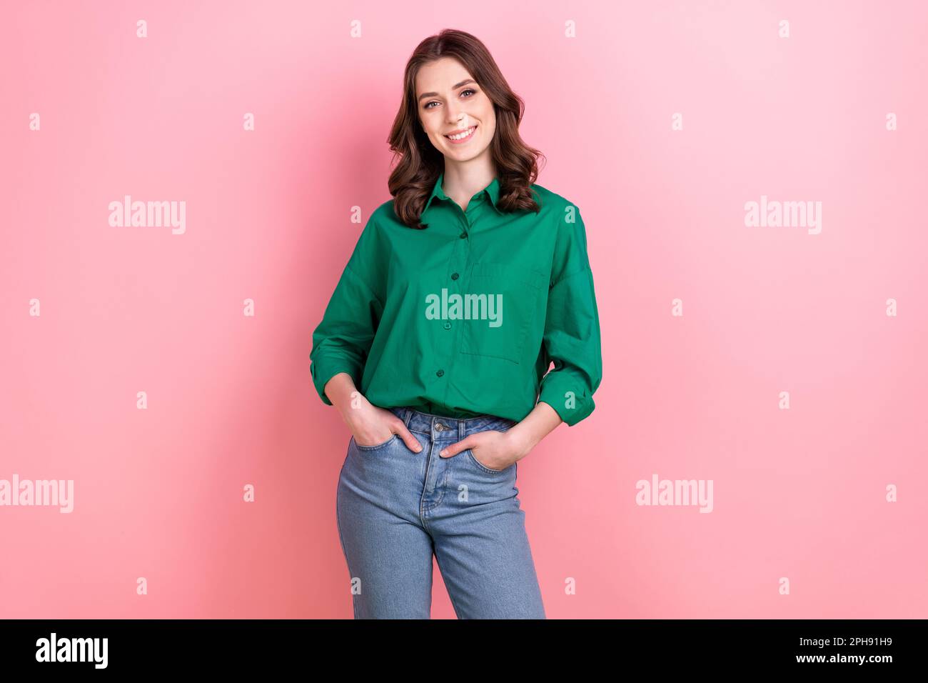 Photo of positive stunning lady put hands pockets posing toothy smile ...