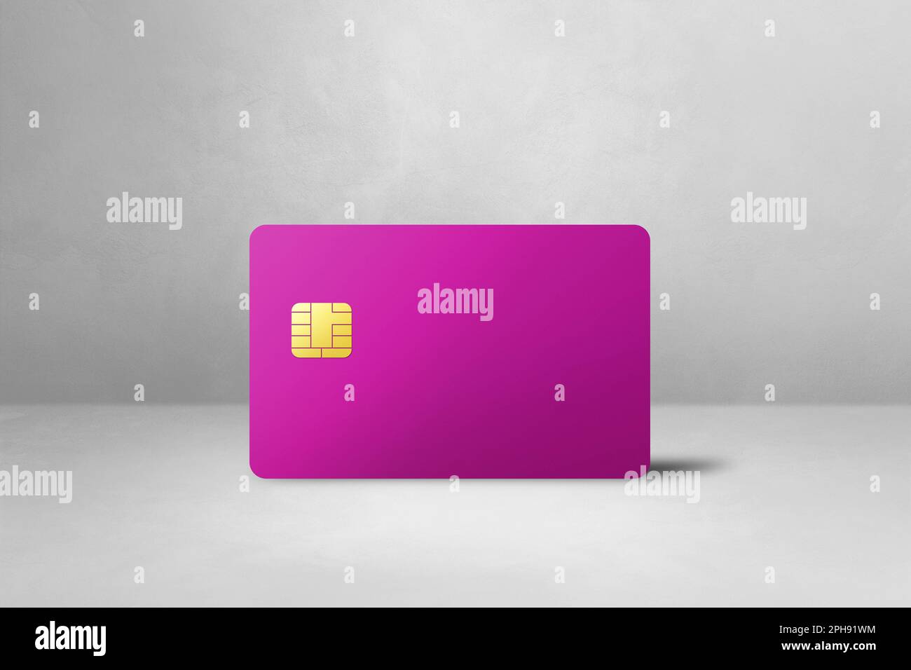 Pink credit card template on a white concrete background. 3D ...