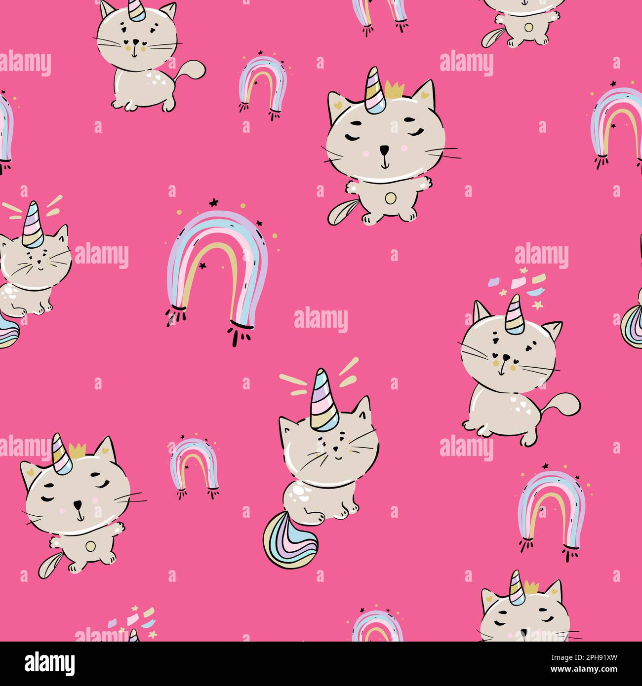 Cute Cat Caticorn or Kitten Unicorn vector seamless pattern. Kawaii Cat ...